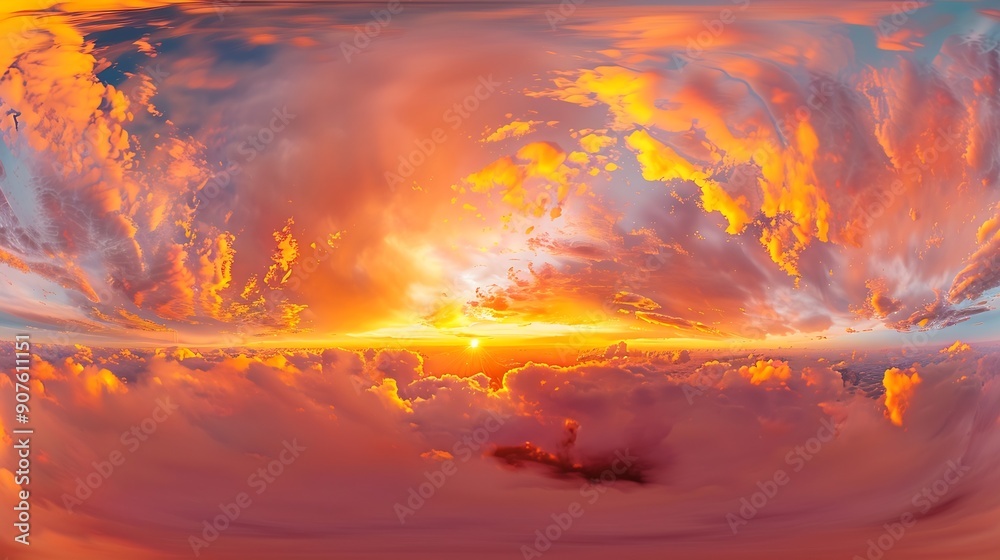 Golden glowing sunset sky panorama pink orange clouds Hdr seamless ...