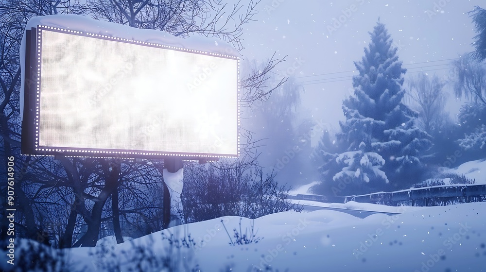 A closeup mockup of a large blank billboard sign in a winter snow scene ...