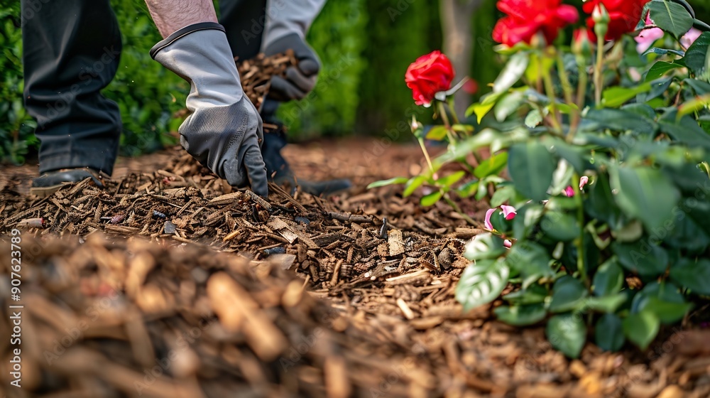 Gardener mulching summer garden with shredded wood mulch Man puts ...