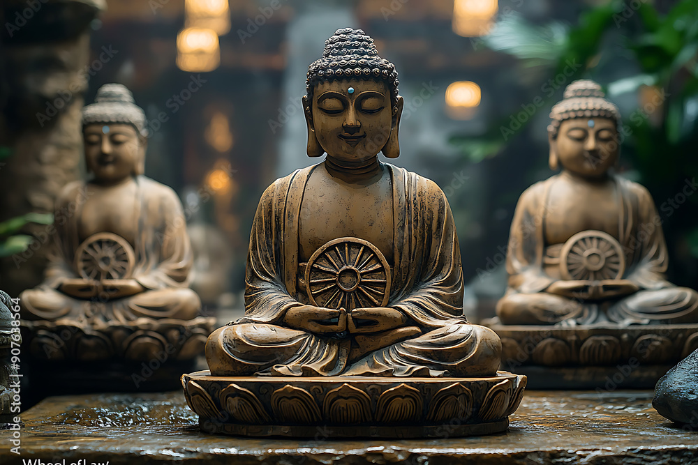 Buddha statues with the Dharma Wheel symbolize the Buddha's teachings ...