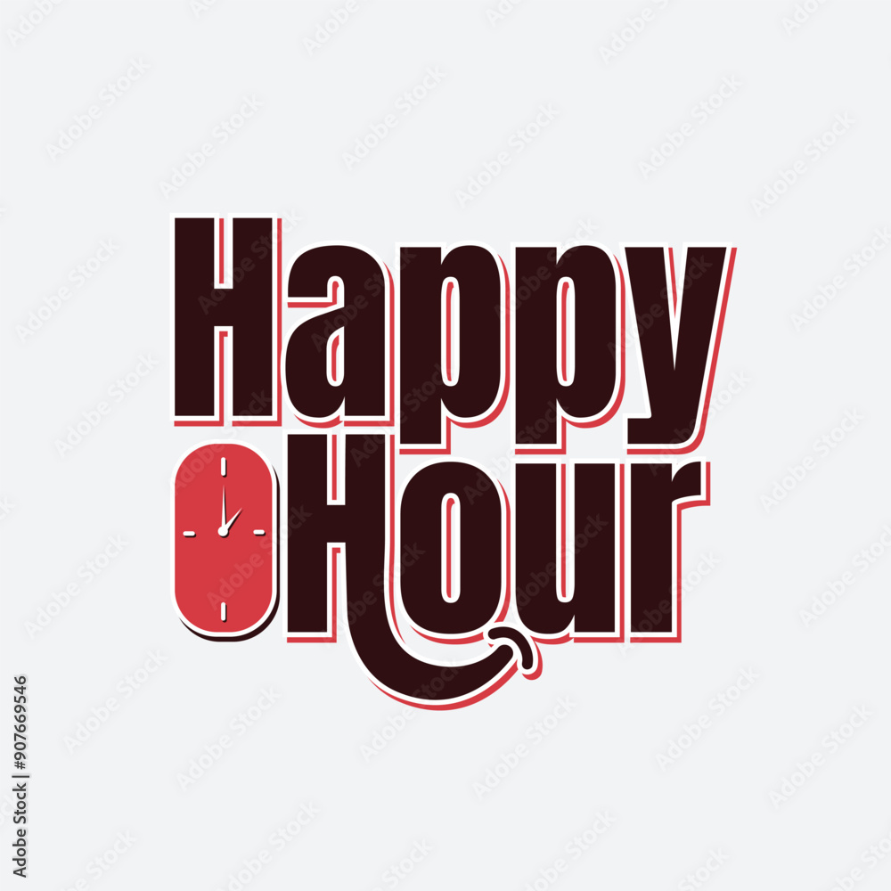 Happy hour logo with modern text, clock and smile icon. Discount banner ...