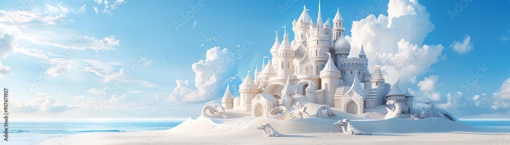 Fantasy-themed sandcastle with dragons and mythical creatures ...