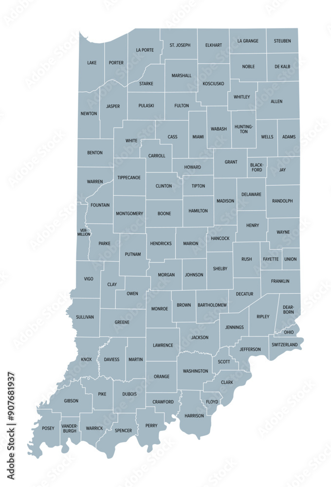 Indiana counties, gray political map. State in the Midwestern region of ...