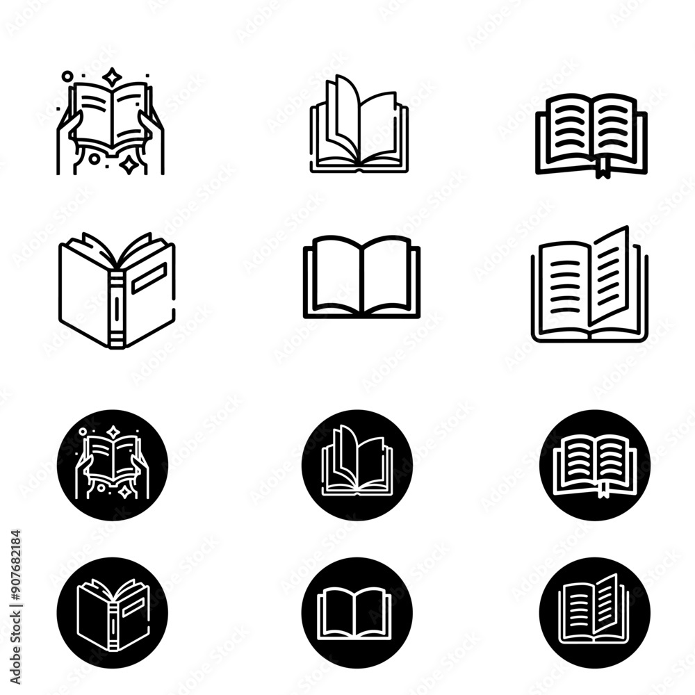 Books open, closed black icons set on white. Literature, publishing ...