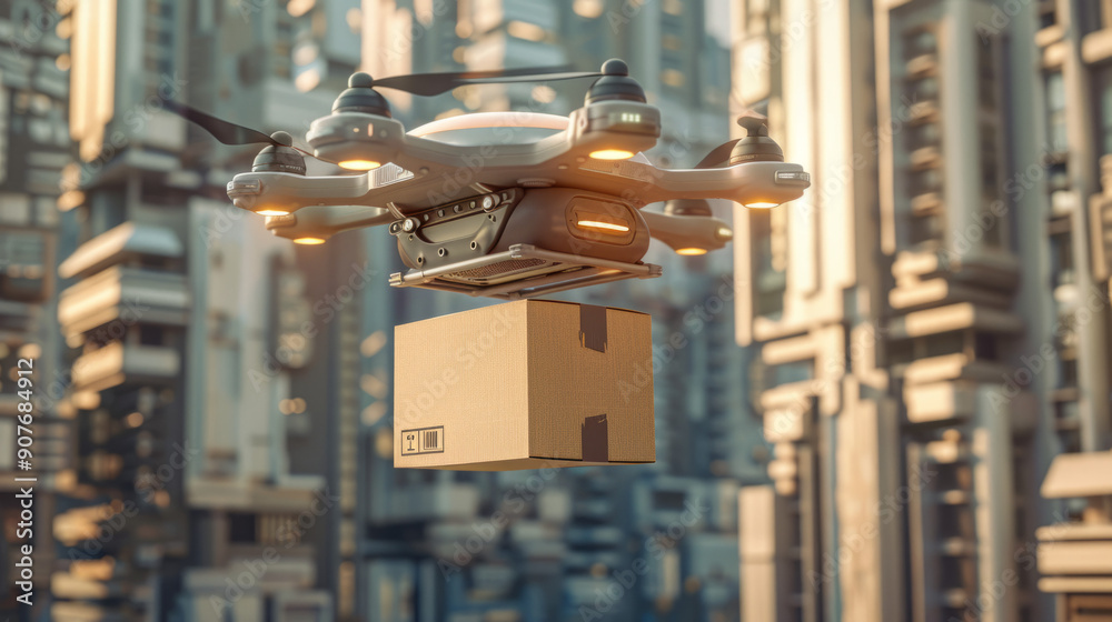 Drone flies and carries a cardboard box. Transportation of cargo ships ...