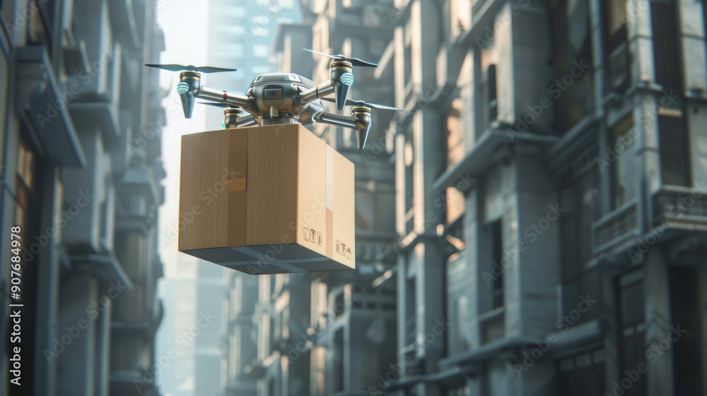 Drone flies and carries a cardboard box. Transportation of cargo ships ...