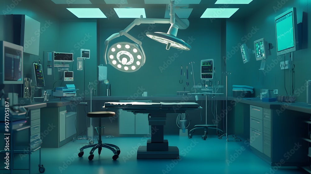 An empty operating room, with a surgical table and medical equipment ...