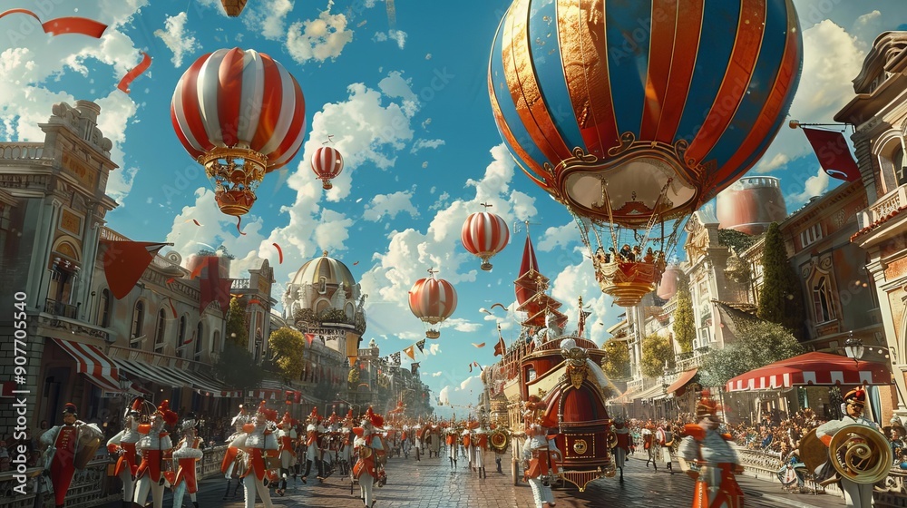 Majestic parade with marching bands and giant balloons, lively and ...