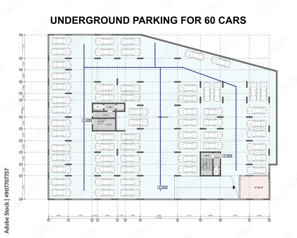 Vector architectural project of a multistory building basement with ...