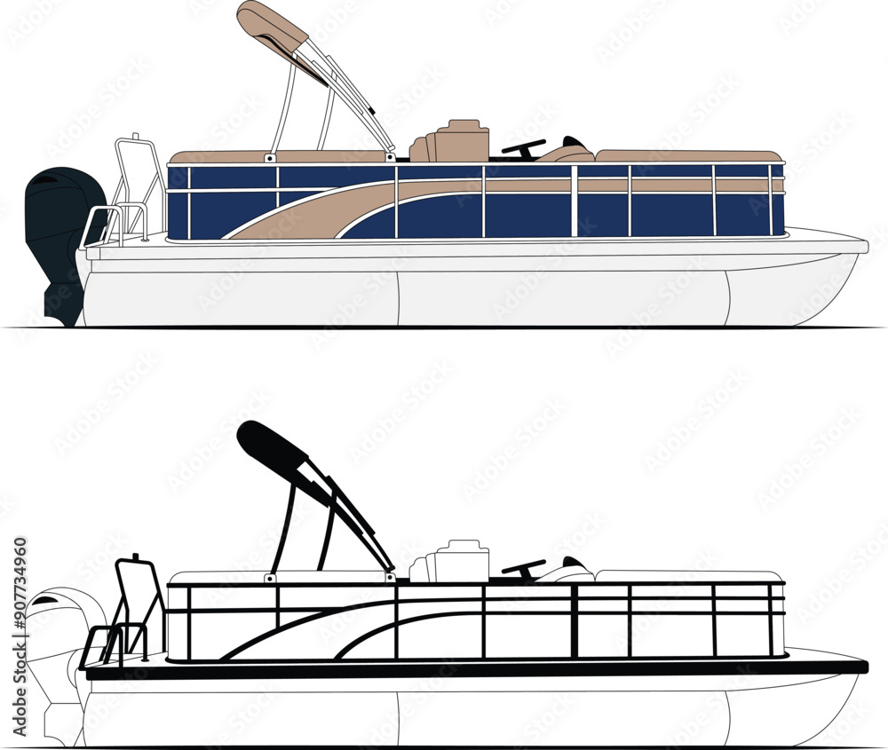 Pontoon boat vector, boat vector, motorboat vector, line art ...