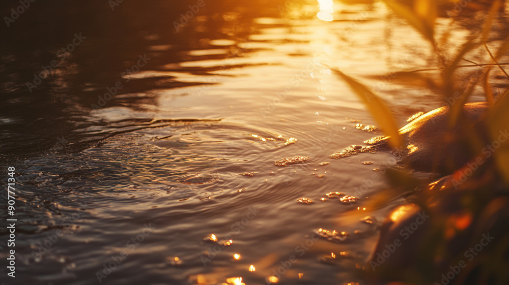 Golden Sunset Reflection on Rippling Water: Serene Lakeshore Scene with ...