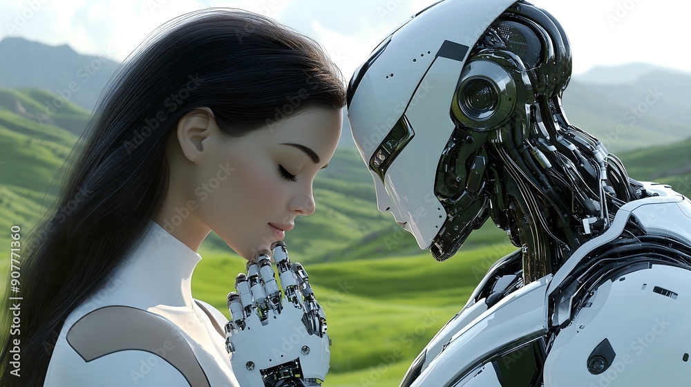 Cyborg robot and woman hugging together, futuristic cyber loving couple ...