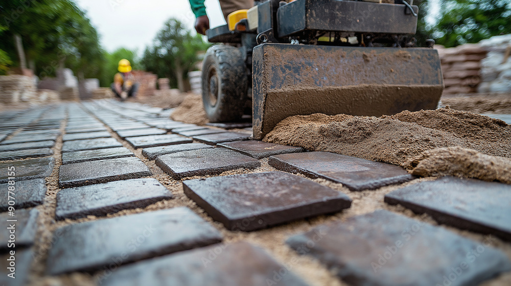 A telephoto angle photo of a worker using a compactor machine to settle ...