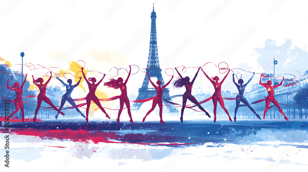 Olympic Paris 2024, rhythmic gymnasts performing with ribbons and hoops ...