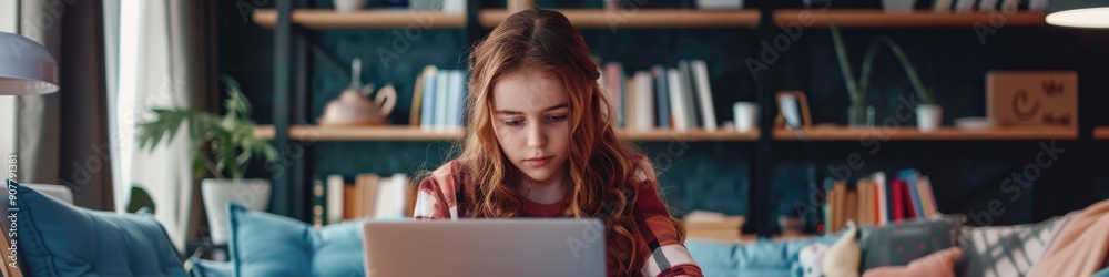 Teenage girl having an online class on video call with her mother studying at home using a ...