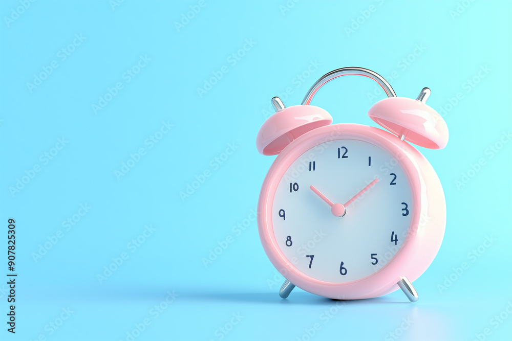 Cute pink alarm clock on pastel blue background, in a minimalistic ...