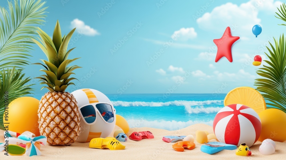 Foto de Stock Beach scene with pineapple in shades and beach ball ...