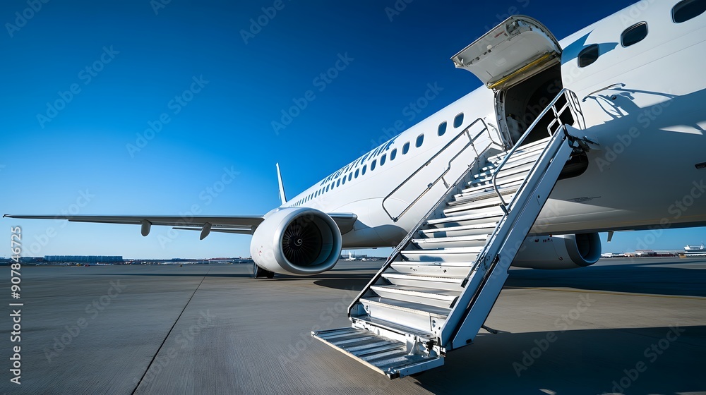 Commercial airplane on tarmac, clear blue sky, bright sunlight, no ...