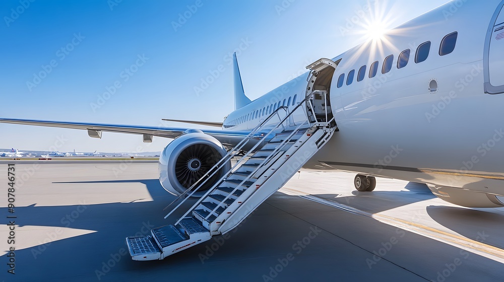 Commercial airplane on tarmac, clear blue sky, bright sunlight, no ...