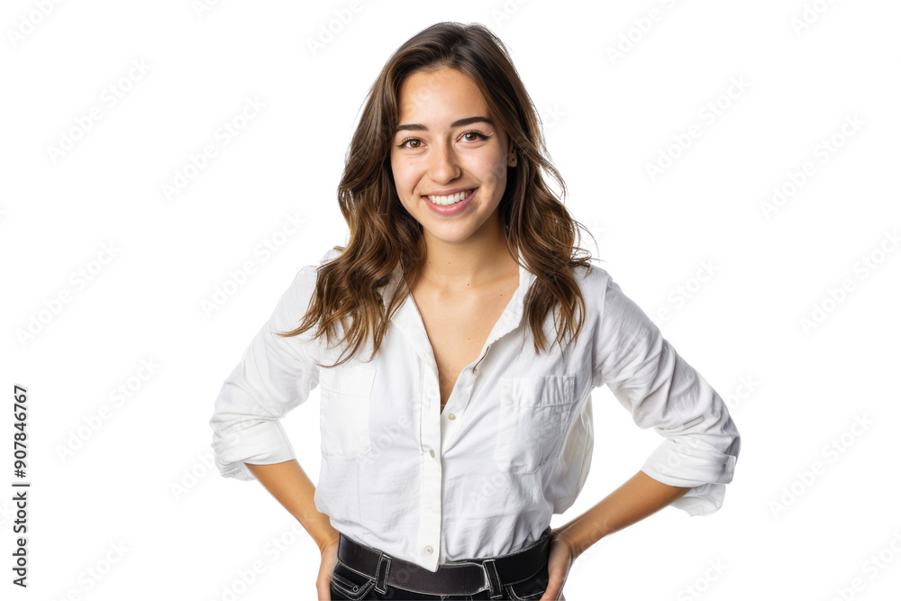 Young brunette woman smiling confidently, hands on hips, business ...