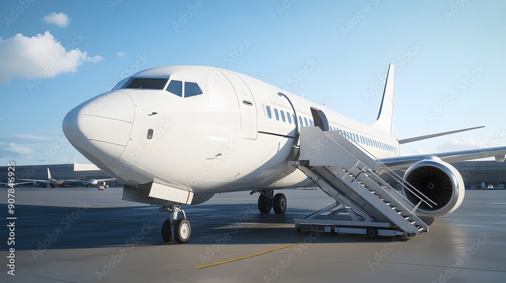 Commercial airplane on tarmac, clear blue sky, bright sunlight, no ...