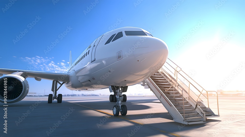 Commercial airplane on tarmac, clear blue sky, bright sunlight, no ...