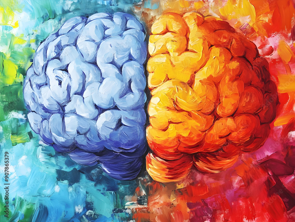 Vibrant Brain Artwork Split into Cool Blue and Warm Orange Halves ...