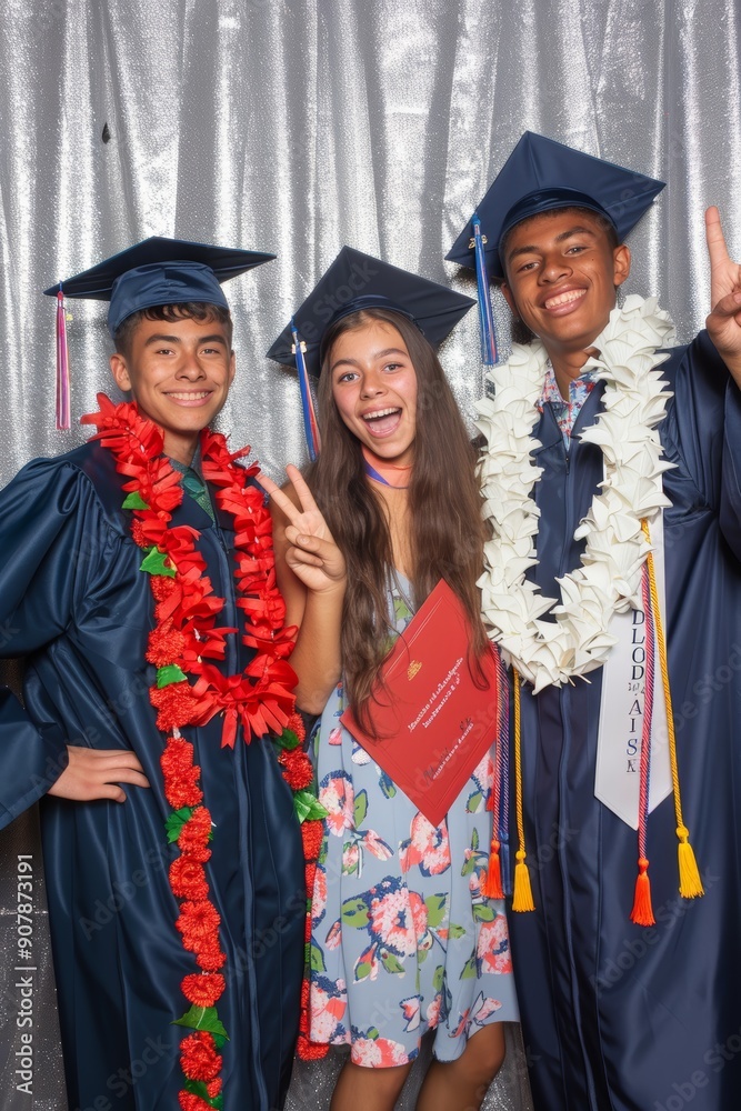 High School Graduates Celebrating Acceptance in Cap and Gown with ...