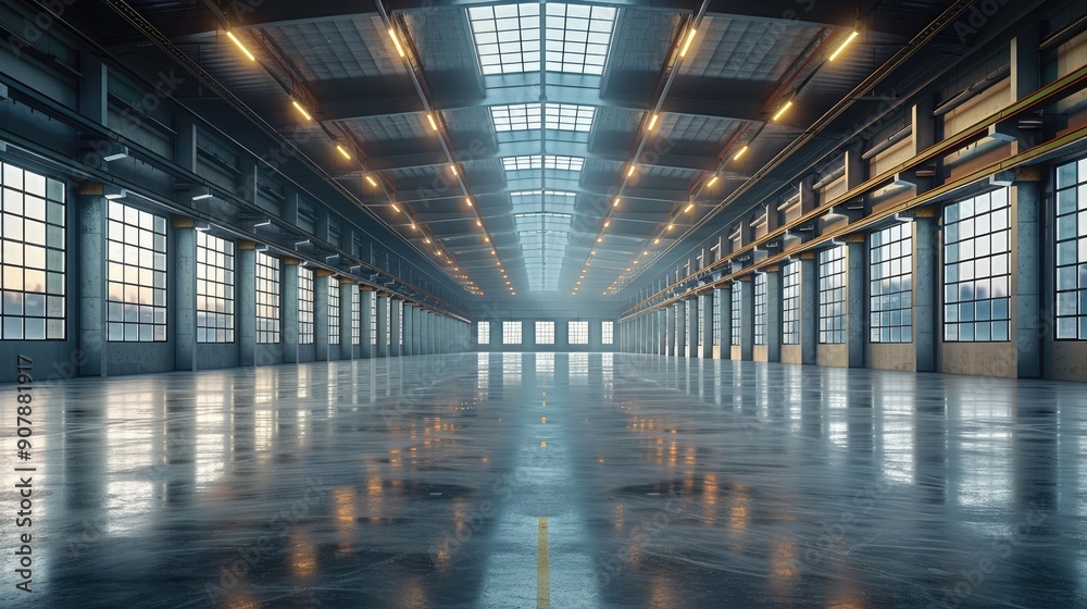 Spacious modern industrial warehouse with large windows, high ceilings ...