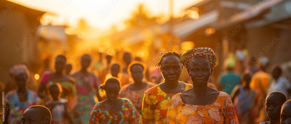 African women in colorful attire gather in a joyful scene at sunset. A ...