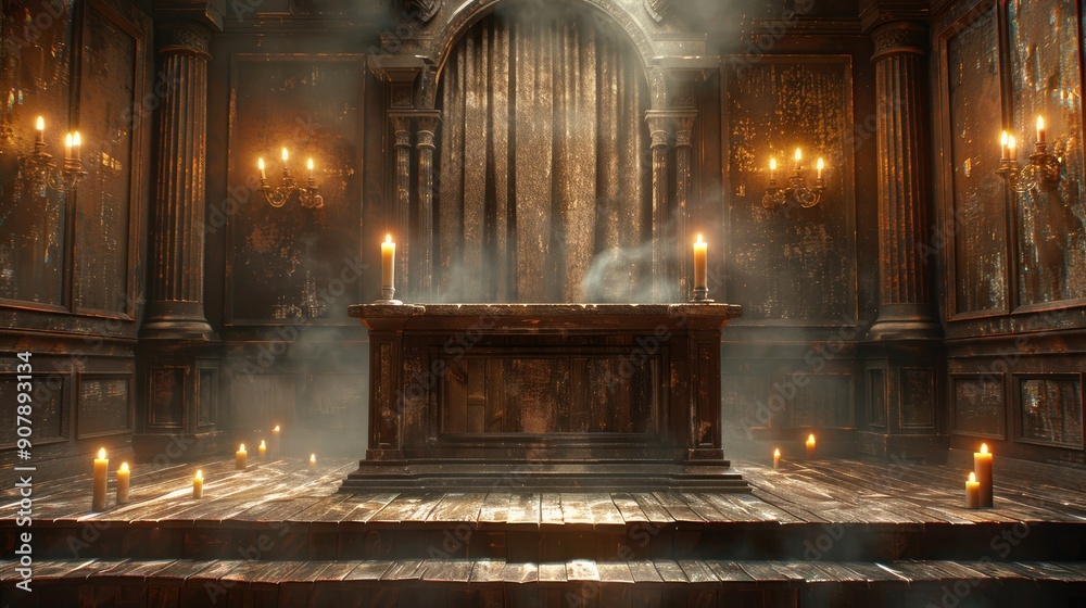Atmospheric image of an ancient church altar illuminated by candlelight ...