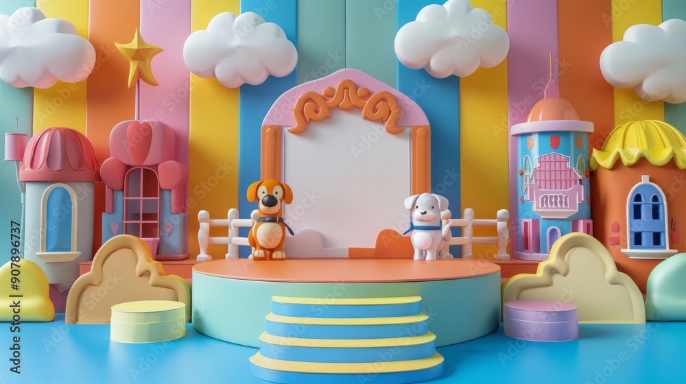 Colorful cartoon fantasy stage with cute dog and sheep toys on a ...