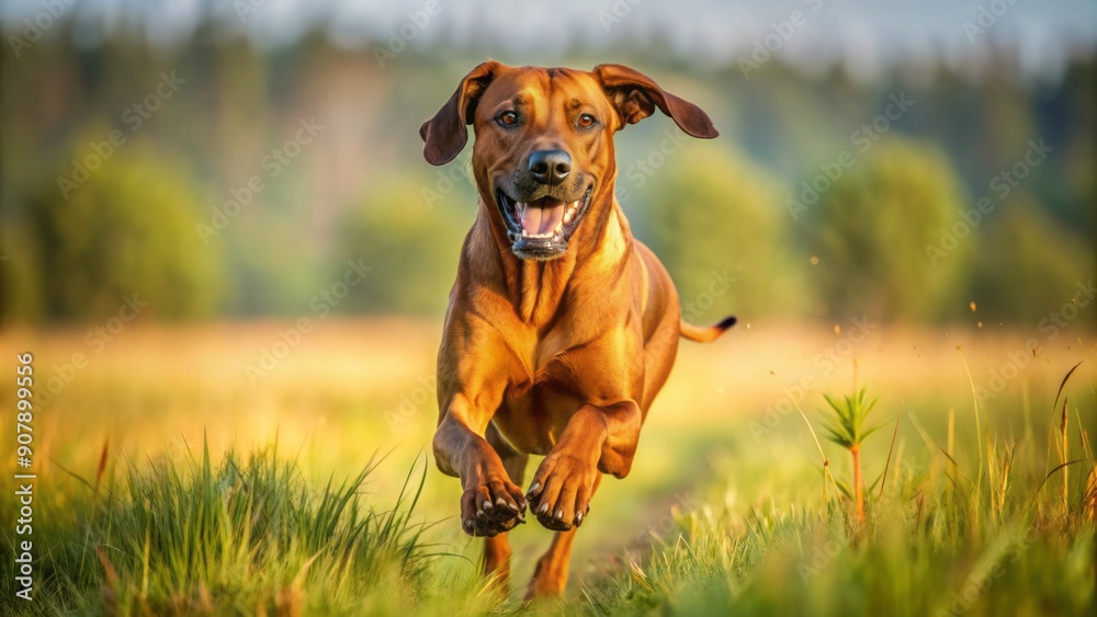 Energetic Rhodesian Ridgeback sprints across a sun-kissed field, its ...