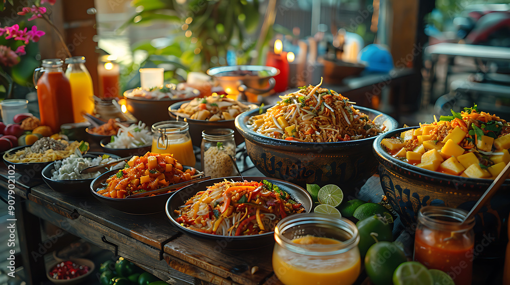 Colorful Thai pad thai mango sticky rice served at a tropical birthday ...