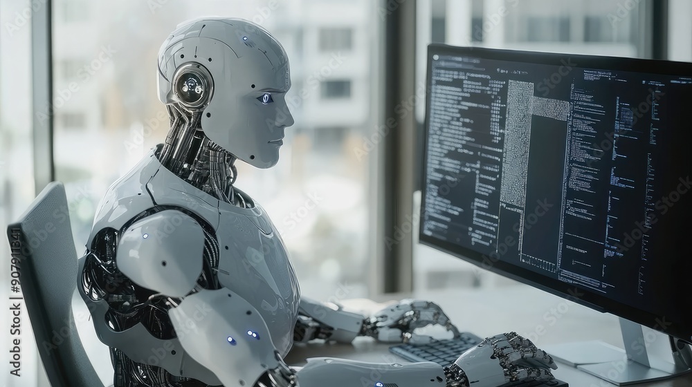 White Ai robot think and looking on monitor working, high-tech artificial intelligence robot ...