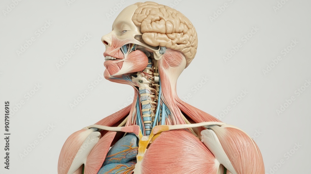 Side view of a detailed anatomical illustration showing the human head ...