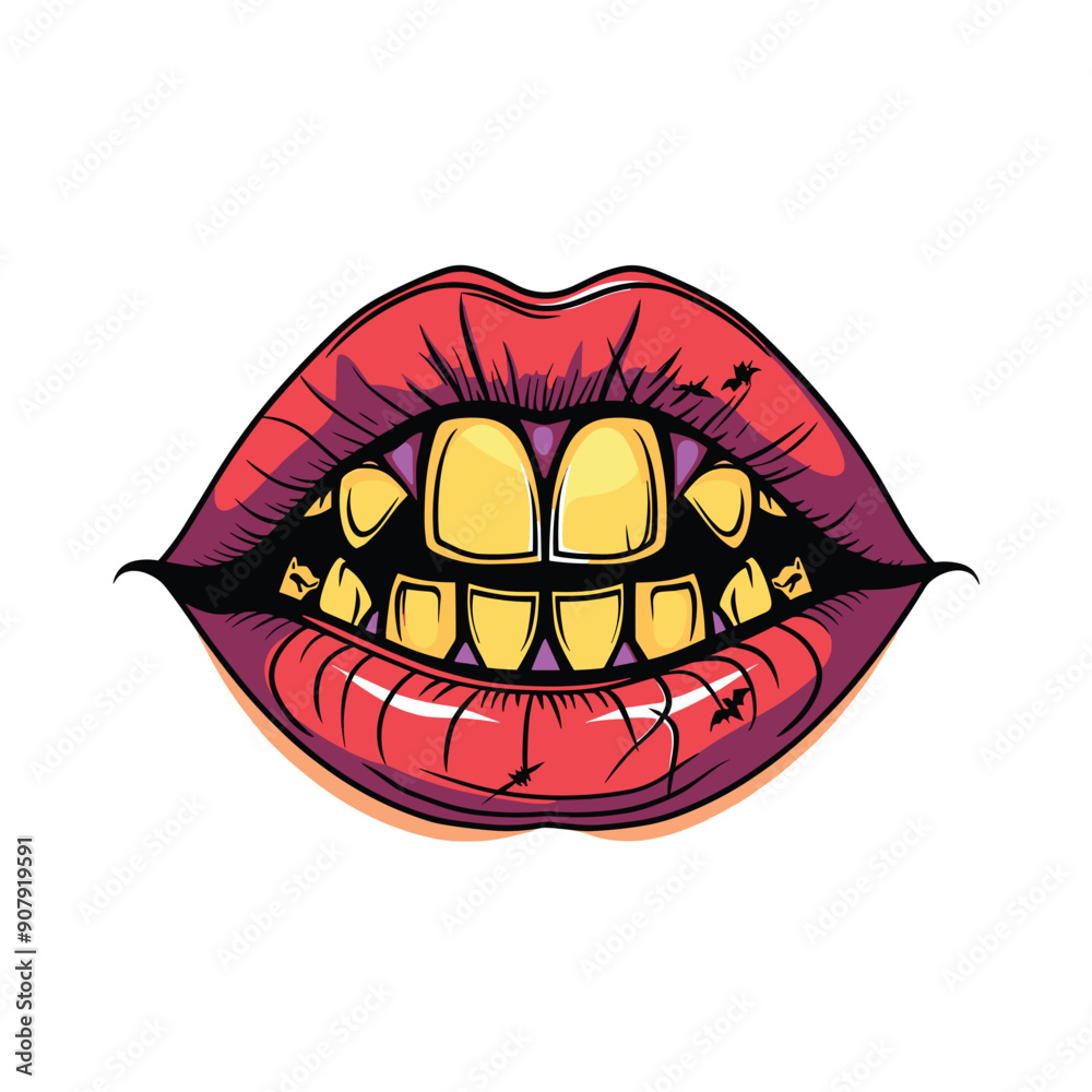 Shiny golden teeth set bright red lips, depicting stylish, bold ...