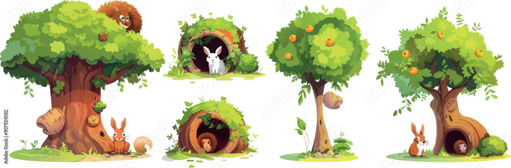 Insects in tree burrows. Bear hibernation, mouse, fox and owl nesting ...