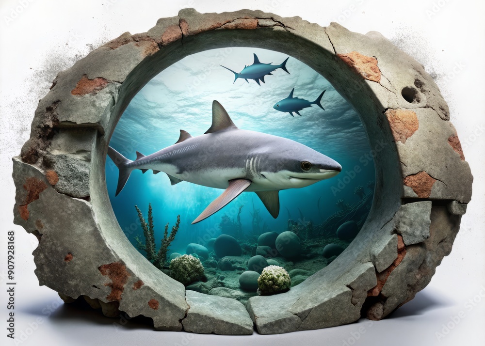 A menacing grey shark swims through a circular hole in a crumbling wall ...