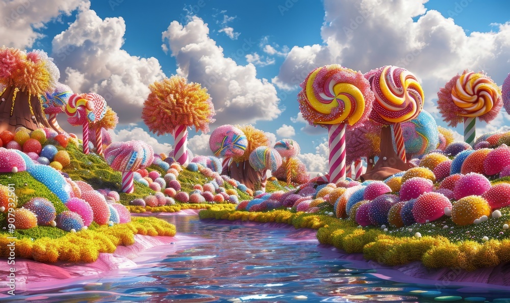 Whimsical candyland scene with colorful lollipop trees and a candy ...