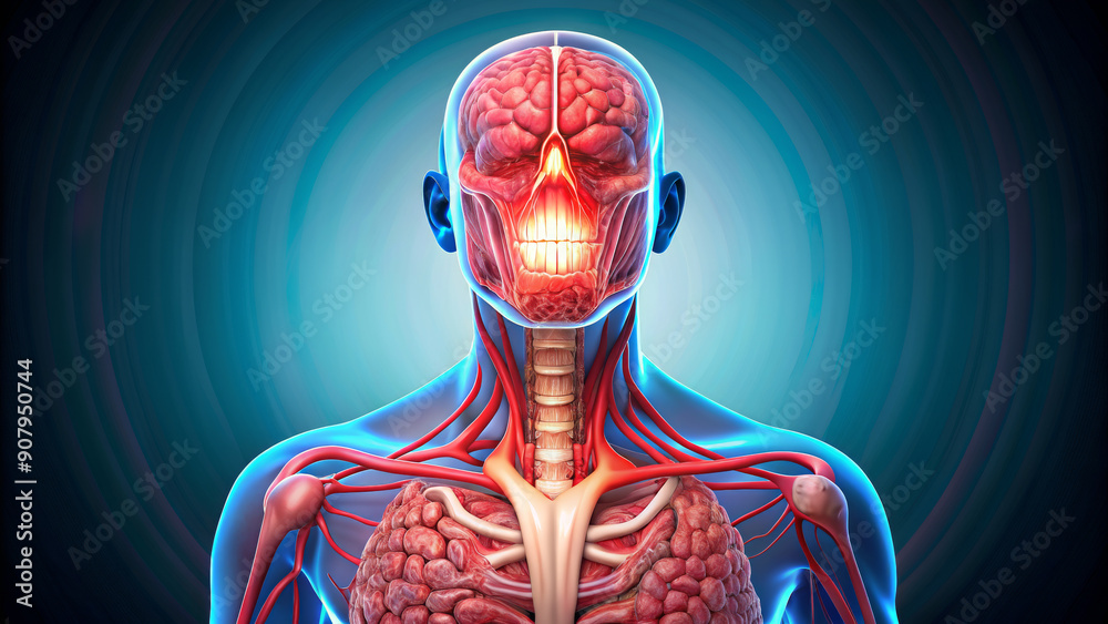 Illustration of human anatomy highlighting muscles,brain and internal ...