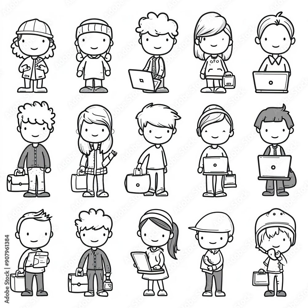 Various stick figure characters engaged in different activities in a ...