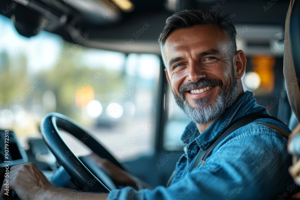 Happy public transport driver behind the wheel in bus cabin looking at ...
