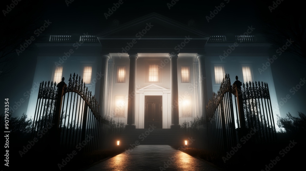 A gothic mansion with iron gates, overgrown vines, and ghostly lights ...