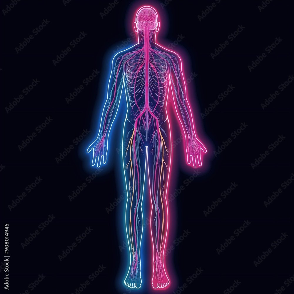 Neon outline of a nervous system on a dark background, vector ...