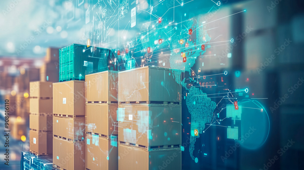 Global Logistics Network: Cardboard boxes represent international trade ...