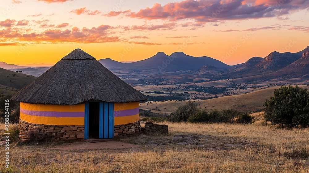 Traditional Ndebele hut at sunset in picturesque South African ...