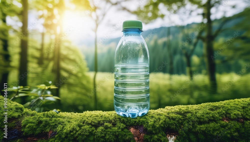 Water bottle on a mossy branch in a lush forest, highlighting eco ...