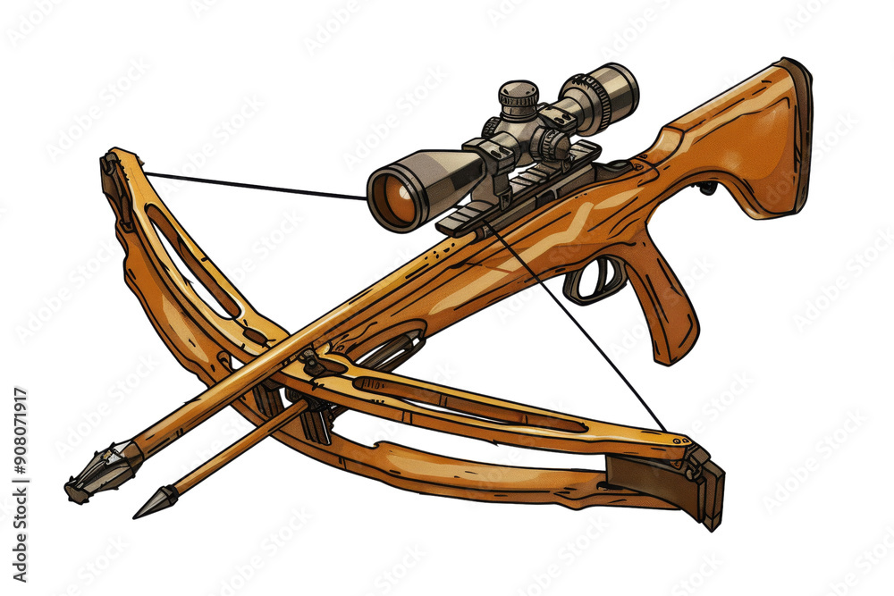 A detailed illustration of a wooden crossbow equipped with a modern ...
