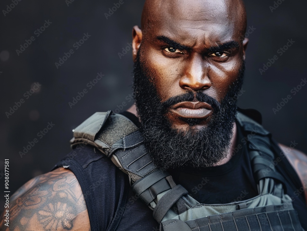 Medium shot of A huge muscular bald black special forces soldier with a ...